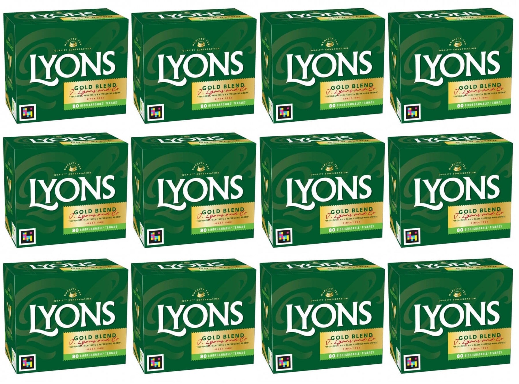 12 x Lyons 80 Gold Blend Biodegradable Teabags 232G